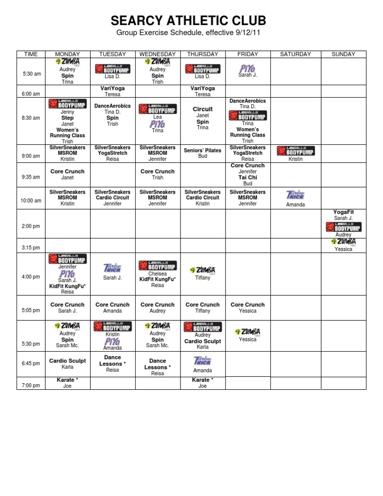 Searcy Athletic Club Exercise Schedule | PDF | Sports & Recreation