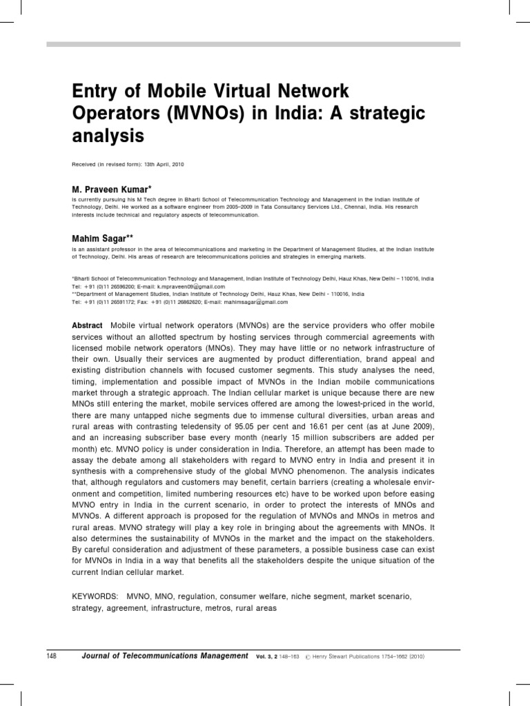 Entry of Mobile Virtual Network Operators (MVNOs) in India | PDF ...