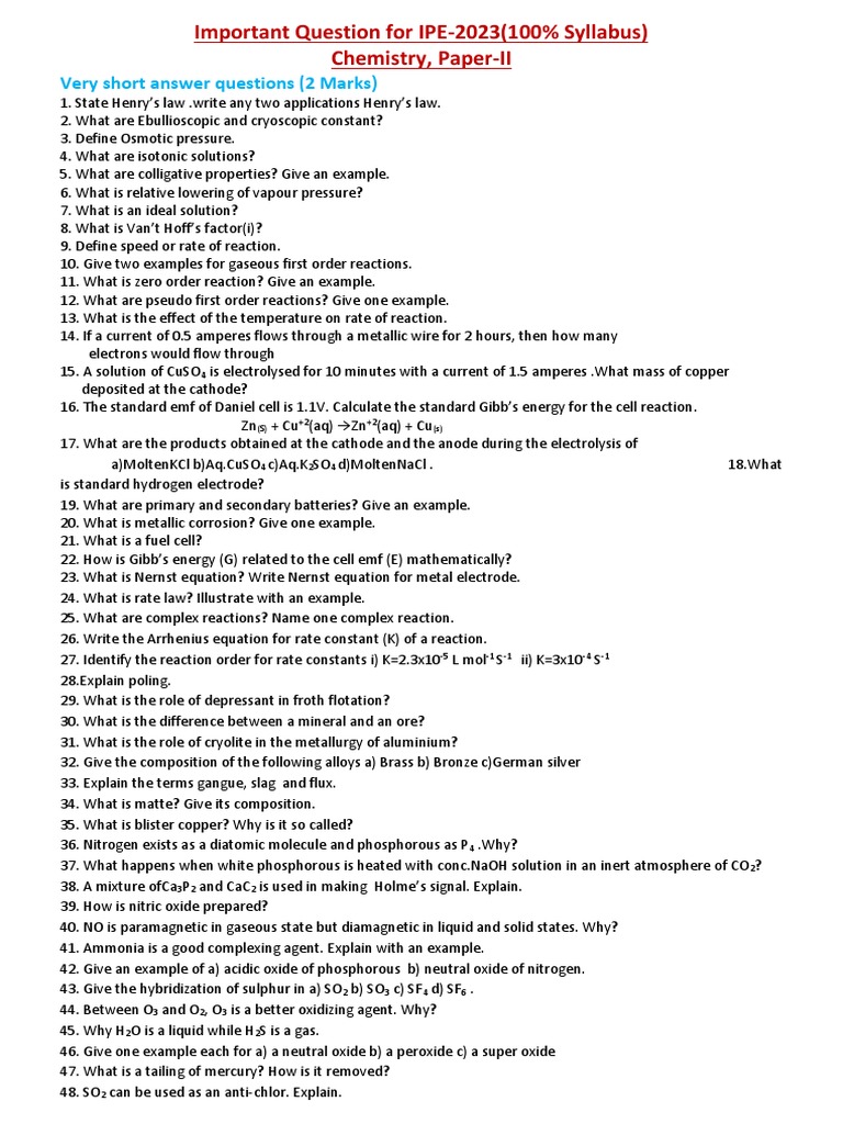 SR - Inter IPE 2022-23 Important Questions | PDF | Chemical Reactions | Chemical Compounds