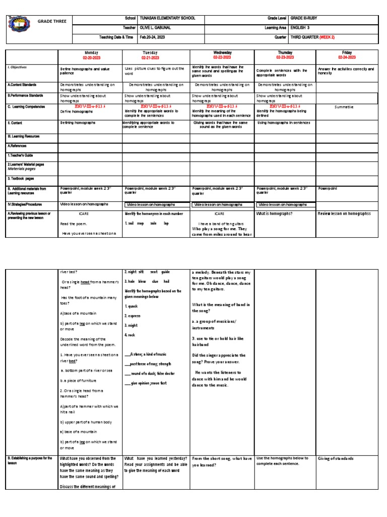 DLL ENGLISH 3 WEEK 2 Q3 Homographs | PDF | Learning | Stress (Linguistics)