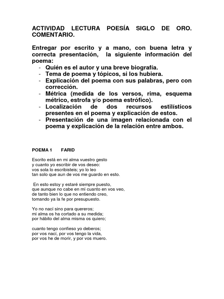 Poesía Del Siglo de Oro. Comentario B1B | PDF | Poesía