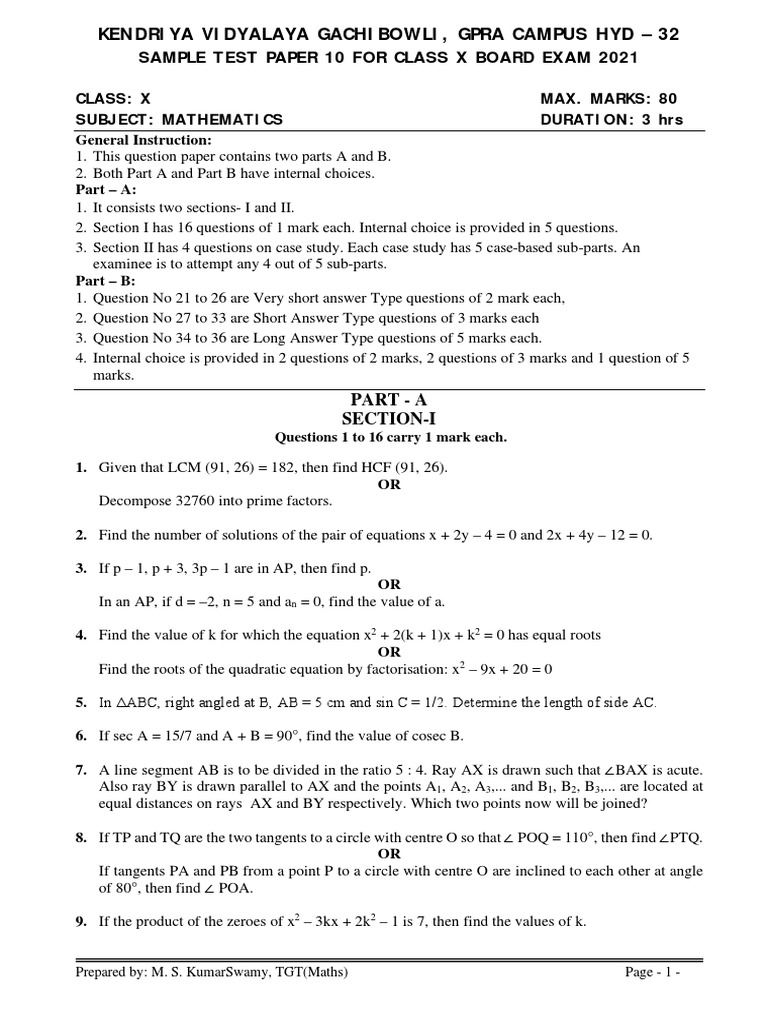 Maths Class X Sample Test Paper 10 For Board Exam 2020 21 | PDF ...