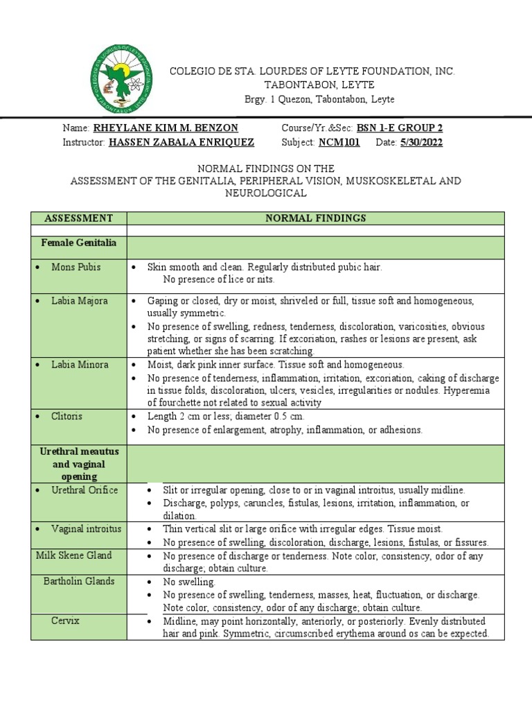 Normal Genitalia, Vision and Neurological Assessment | PDF | Labia ...