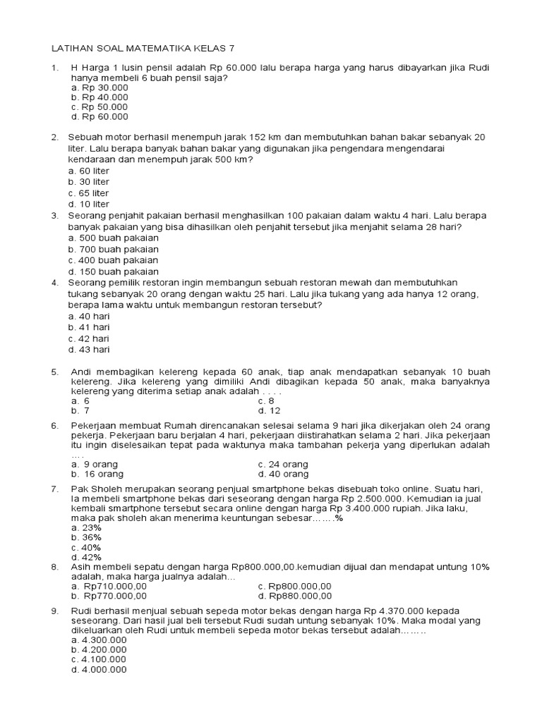 LATIHAN SOAL MATEMATIKA KELAS 7.dco | PDF