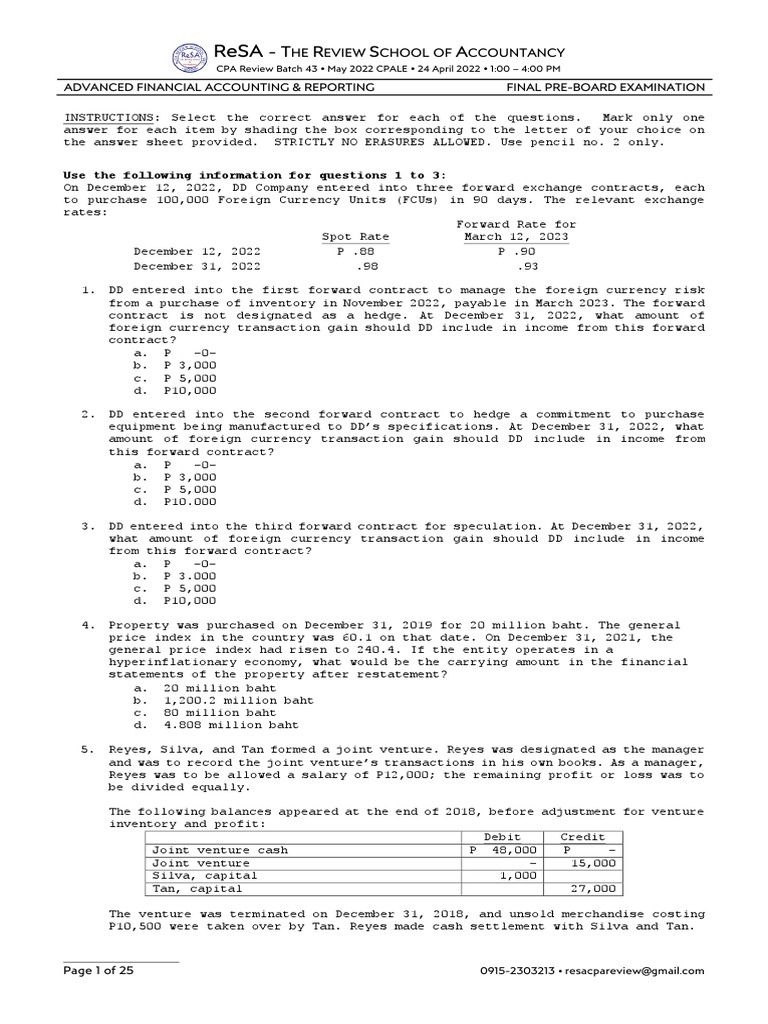 AFAR Final Pre-Board Exam Review | PDF