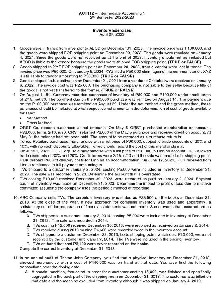 112.inventory Exercises | PDF | Cost Of Goods Sold | Inventory