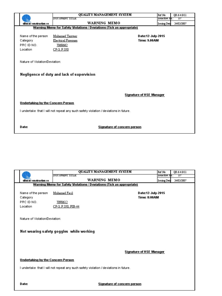Warning Memo | PDF | Business | Occupational Safety And Health