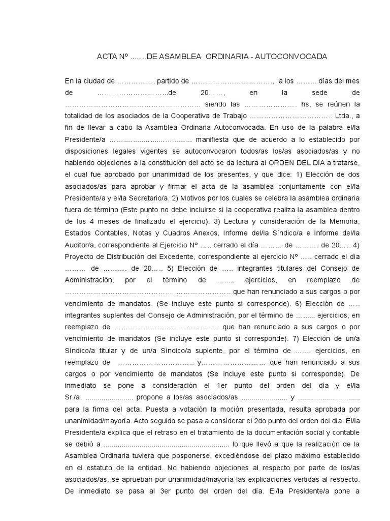 Modelo Acta Asamblea Ordinaria Autoconvocada Cooperativas | PDF | Gobierno