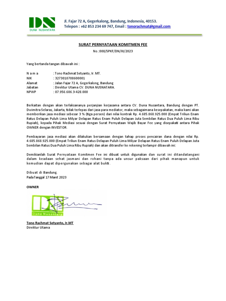 Contoh Surat Komitmen Fee | PDF