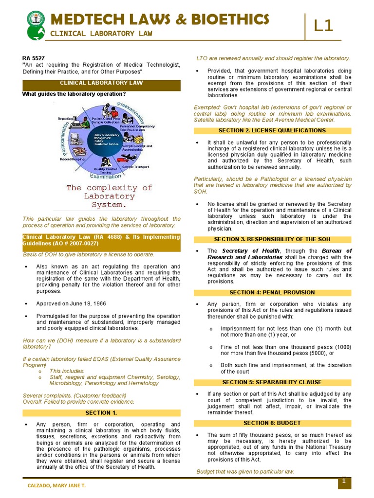 Lesson 1 - Clinical Laboratory Law | PDF | Medical Laboratory | Infection