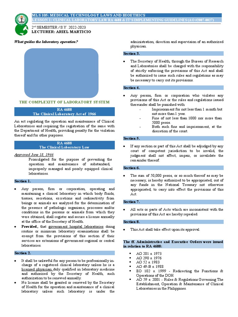Lesson 1 - Clinical Laboratory Laws RA 4688 & I'ts Implementing Guideliines (AO 2007 - 0027 ...