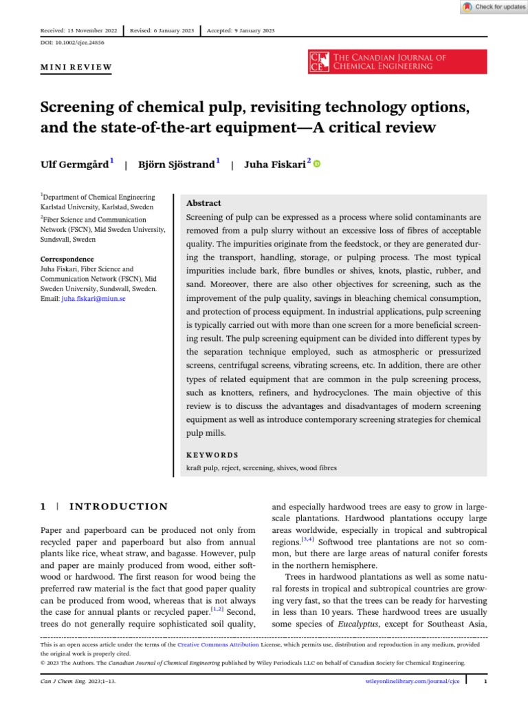 Can J Chem Eng - 2023 - Germg RD - Screening of Chemical Pulp Revisiting Technology Options and ...