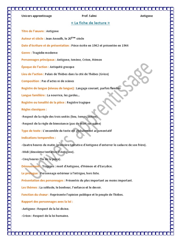 Fiche de Lecture D'antigone | PDF