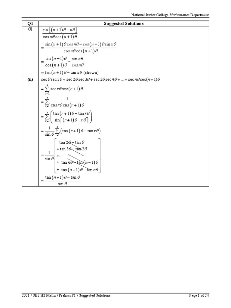 SH2 H2 Maths Prelims 2021 Solutions | PDF | Plane (Geometry) | Equations