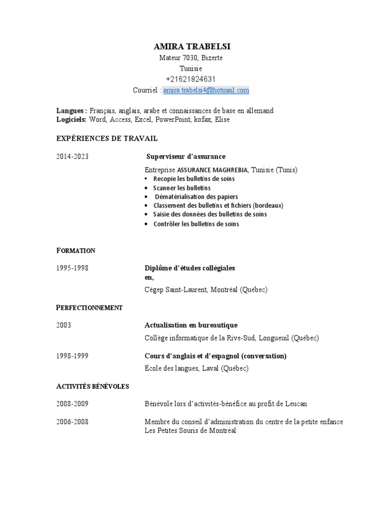 Exemple de CV Chronologique d'Amira | PDF