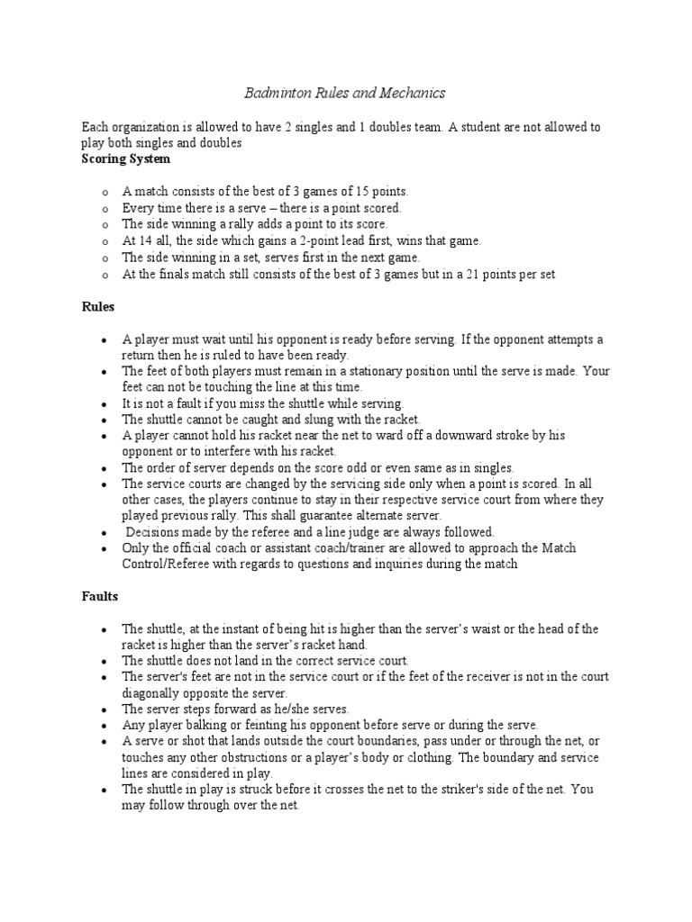 Badminton Rules and Mechanics | PDF | Sports | Entertainment