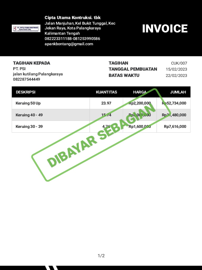 Invoice Pembayaran PT. PSI Cipta Utama | PDF
