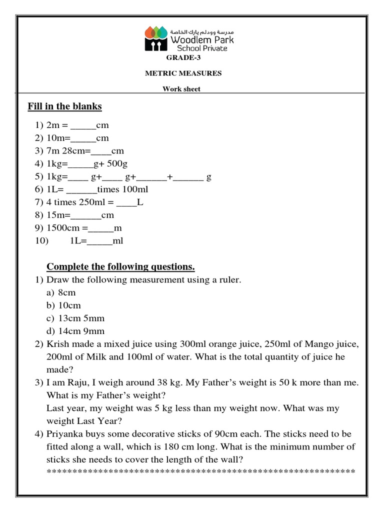 Grade 3 Metric Measures Worksheet | PDF