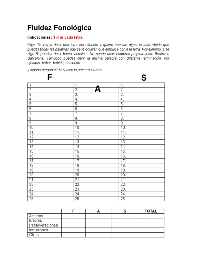Fluidez Fonológica: Indicaciones | PDF