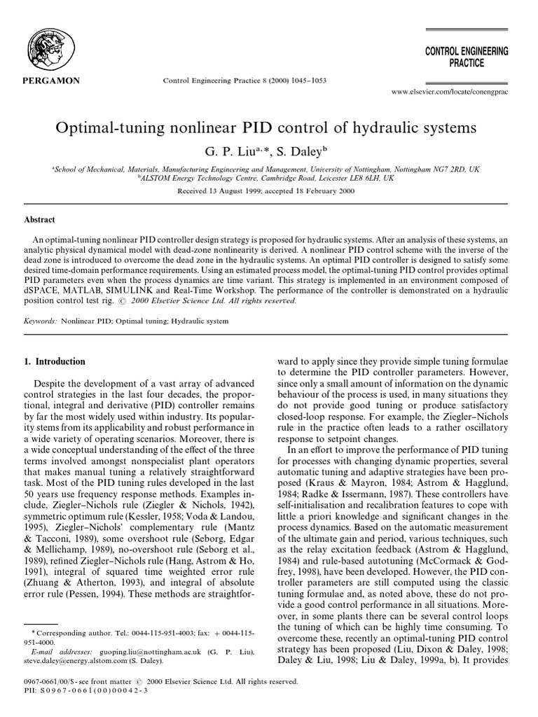 Optimal-Tuning Nonlinear PID Control of Hydraulic Systems: G. P. Liu, S. Daley | PDF