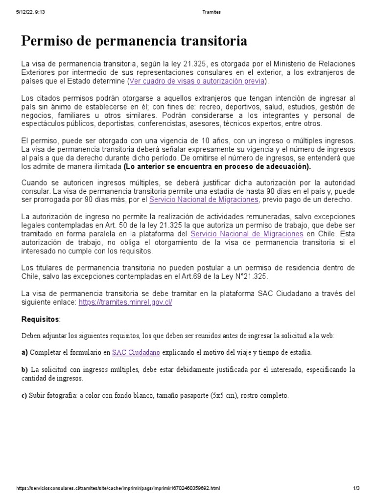 Permiso Permanencia Temporal Chile | PDF | Visa de viaje