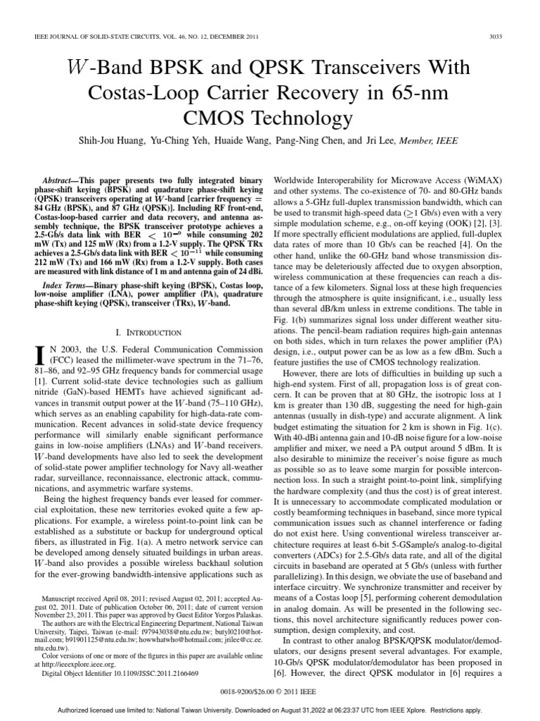 W - Band BPSK and QPSK Transceivers With Costas-Loop Carrier Recovery in 65-nm CMOS Technology | PDF