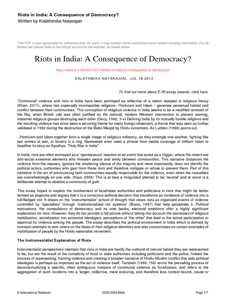 Riots in India A Consequence of Democracy | PDF | Bharatiya Janata ...