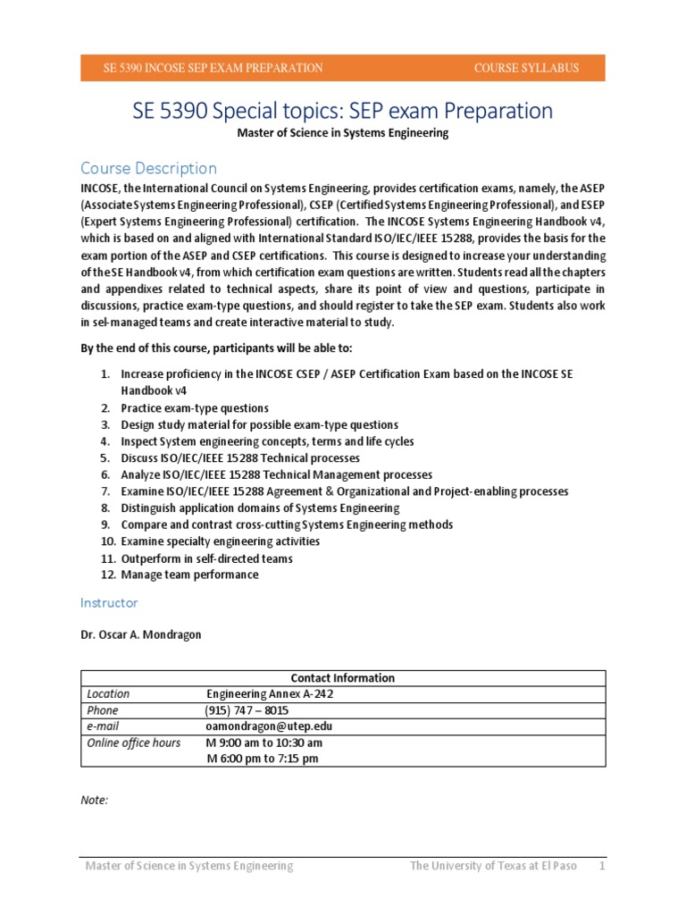 SE 5390 INCOSE CSEP Syllabus v2019-1 | PDF | Academic Dishonesty | Internet
