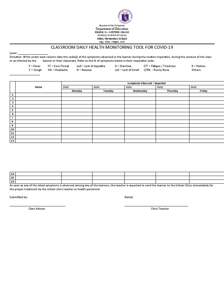 Classroom Daily Health Monitoring Tool For Covid-19: Diday Elementary ...