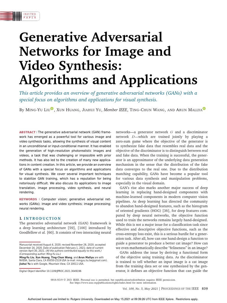 Generative Adversarial Networks For Image and Video Synthesis: Algorithms and Applications | PDF ...