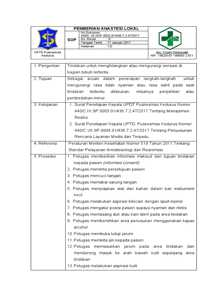 SOP Pemberian Anastesi Lokal | PDF