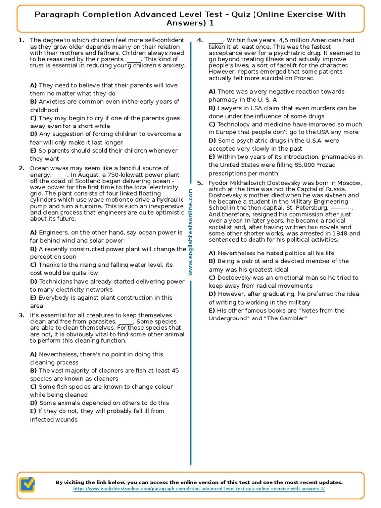 373 - Paragraph Completion Advanced Level Test Quiz Online Exercise ...