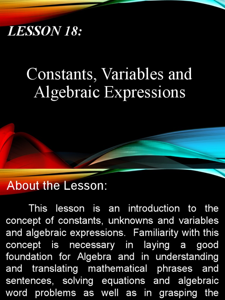Lesson 18:: Constants, Variables and Algebraic Expressions | PDF ...