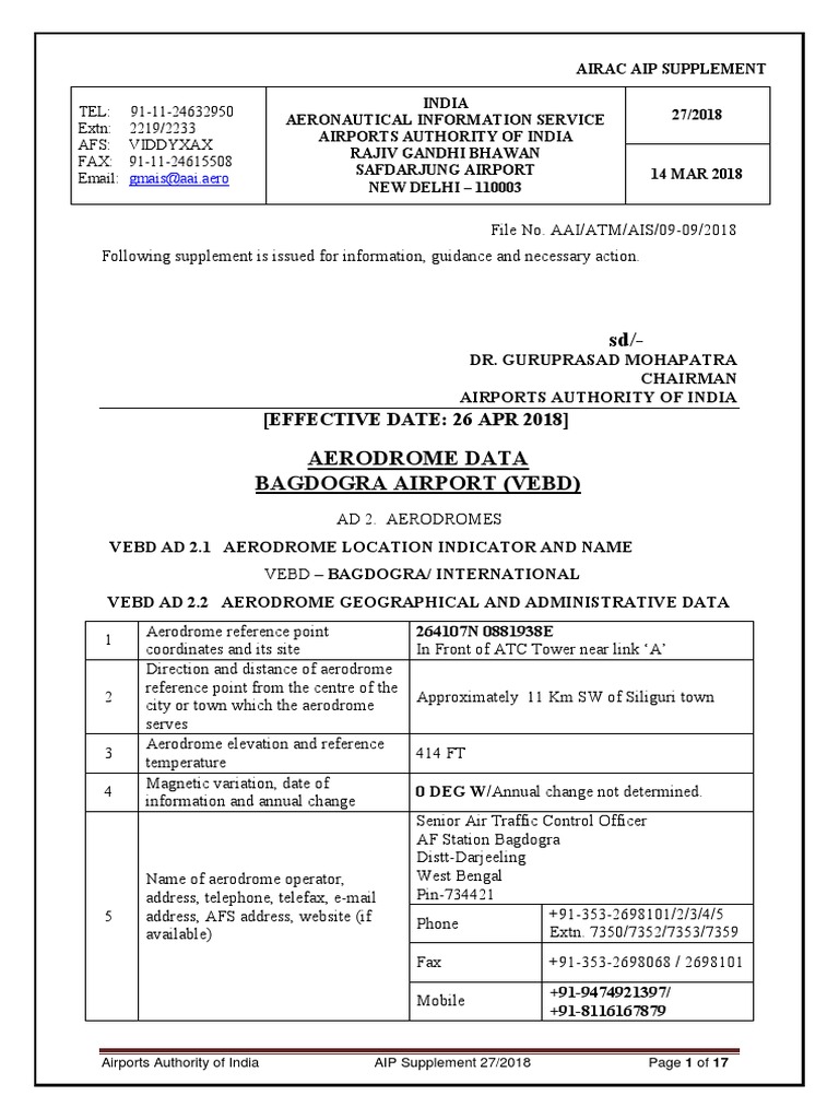 Bagdogra Airport AIP Supplement 2018 | PDF