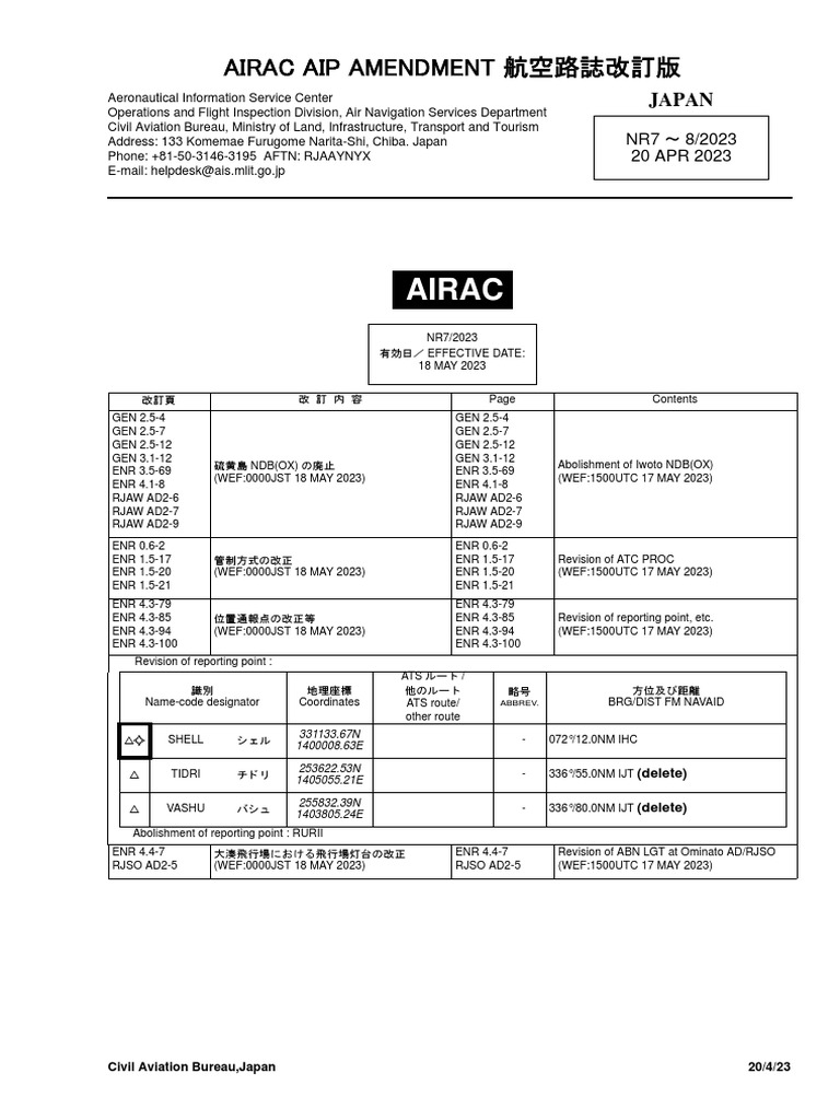Airac Aip Amendment 航空路誌改訂版 | PDF