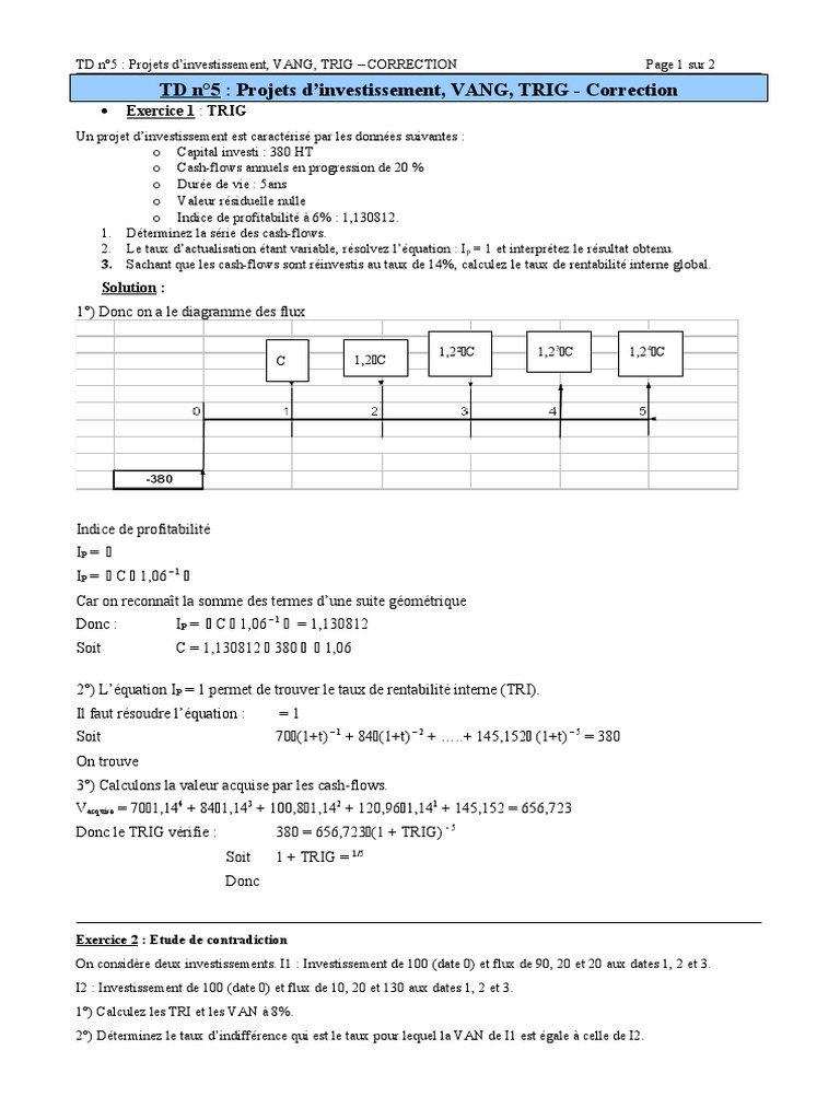 Fiche-TD 5 Projets Investissements VANG TRIG-corr | PDF | Taux de rentabilité interne | Investir