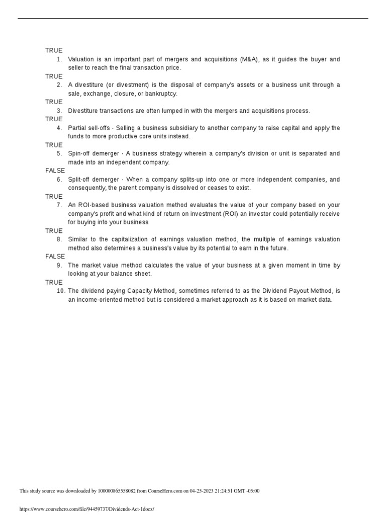 Dividends Act 1 | PDF | Valuation (Finance) | Mergers And Acquisitions