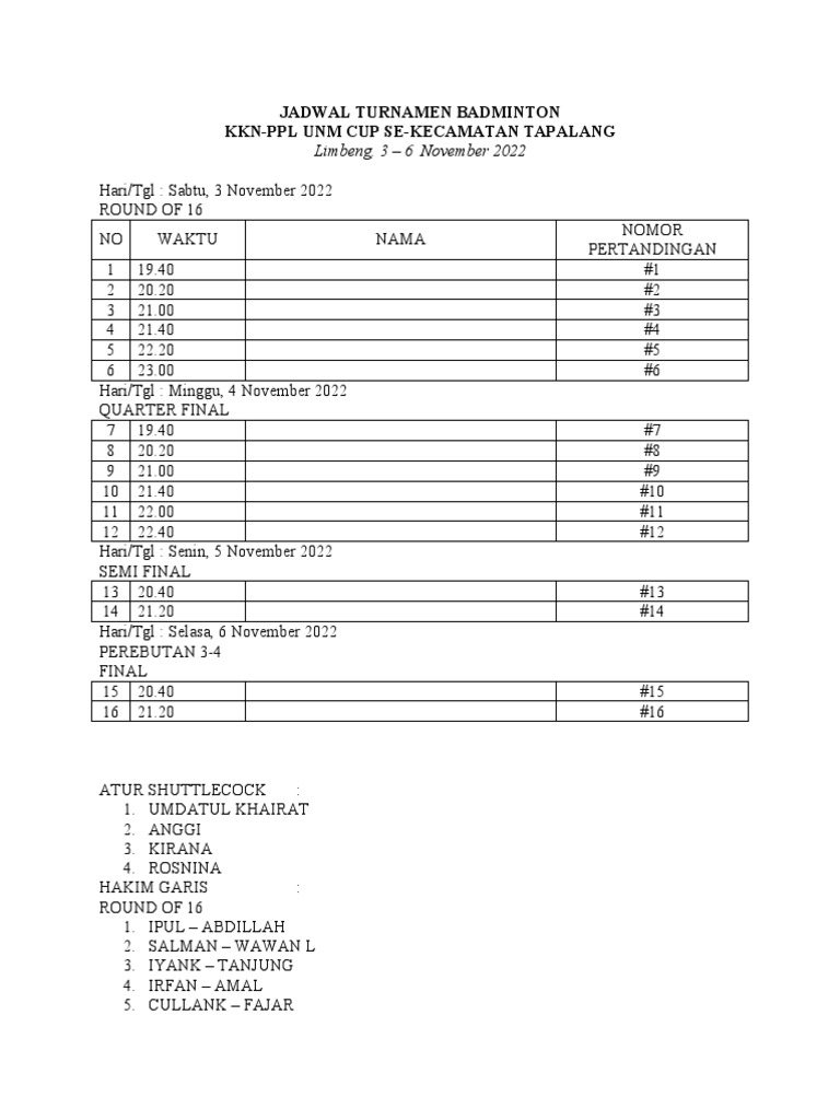 Jadwal Turnamen Badminton 2022 | PDF
