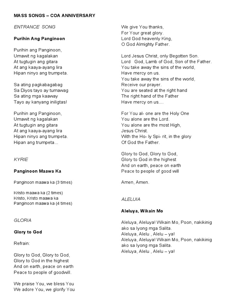 Entrance Song: Mass Songs - Coa Anniversary | PDF