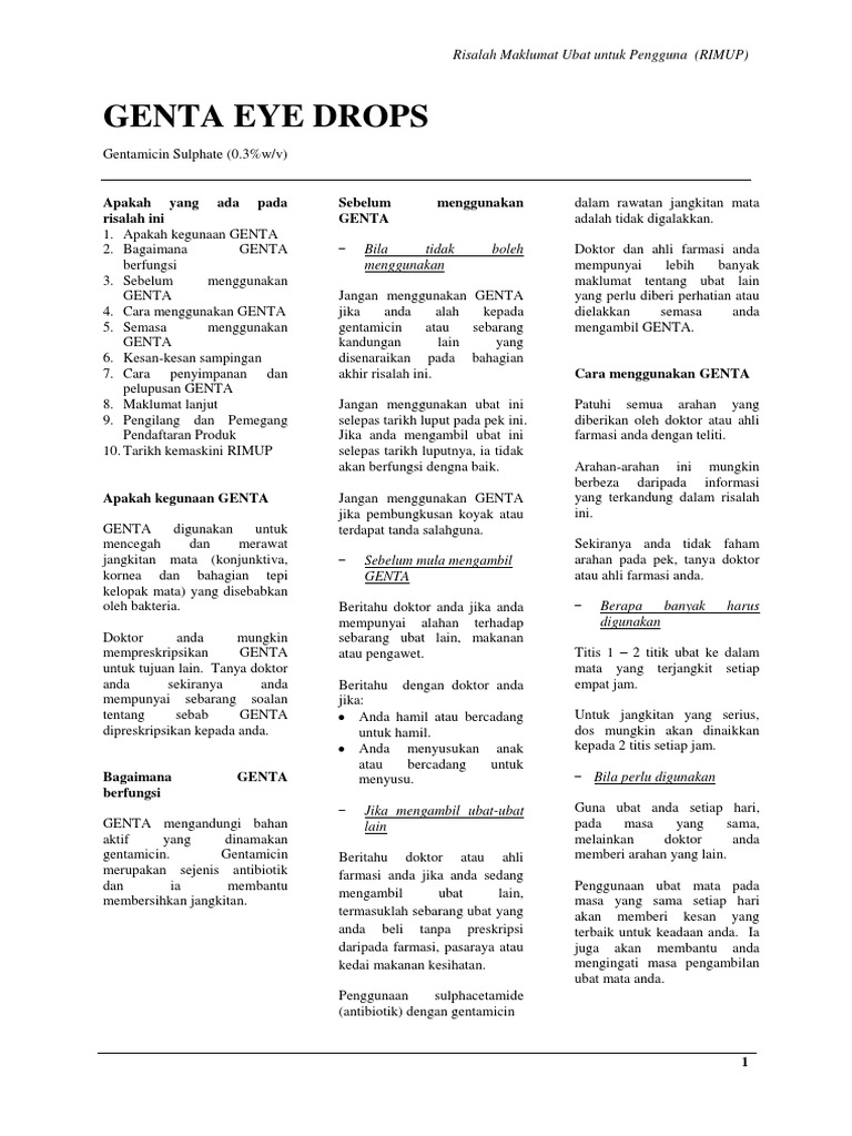 Genta Eye Drops Gentamicin DUOPHARMA M SDN BHD 11apr2016 BM | PDF