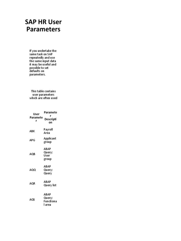 SAP User Parameters | PDF | Computing | Software Development
