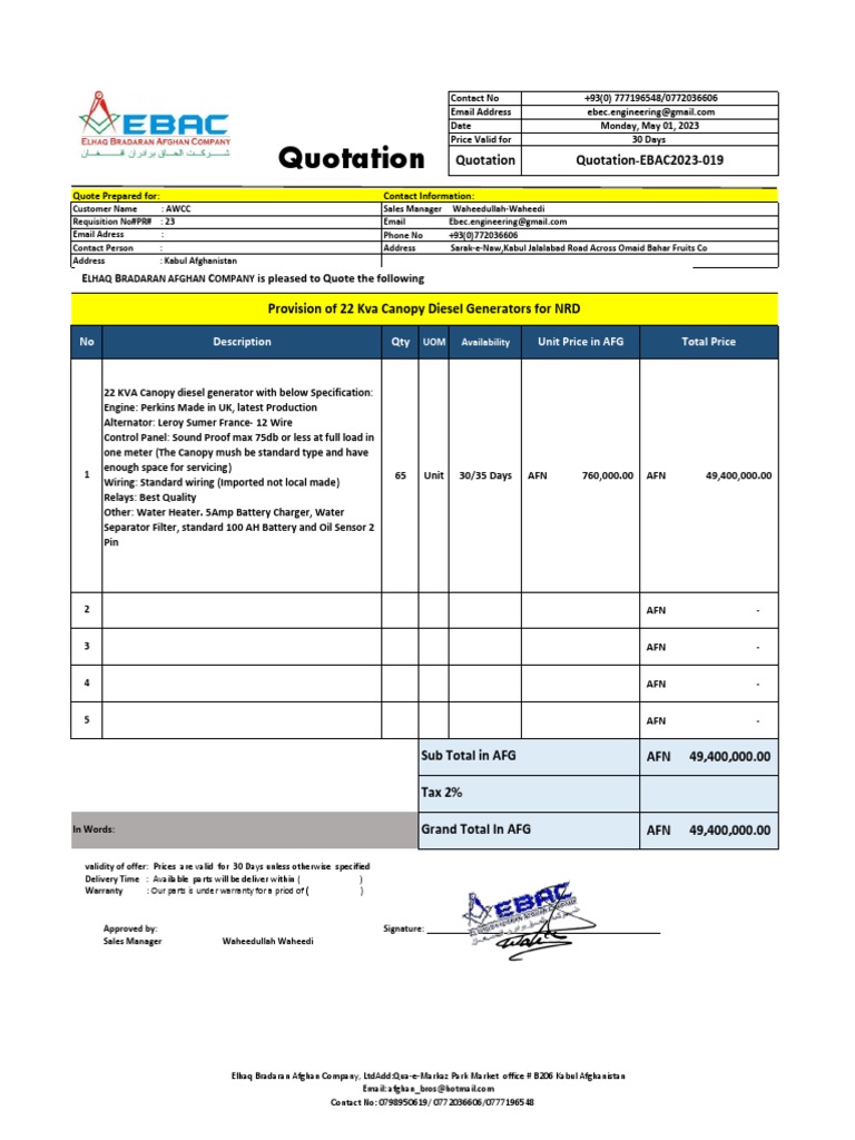 Revised Quotation For PR 23 - 22 Kva Canopy Diesel Generators | PDF | Afghanistan