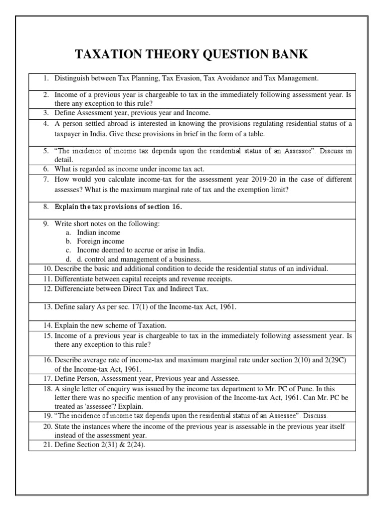 Taxation Theory Question Bank | PDF