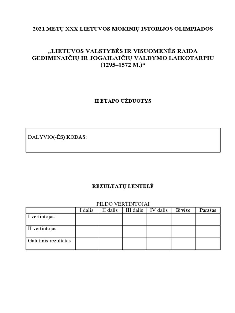 2021 M. Istorijos Olimpiados II Etapo Uzduotys Ir Atsakymai | PDF