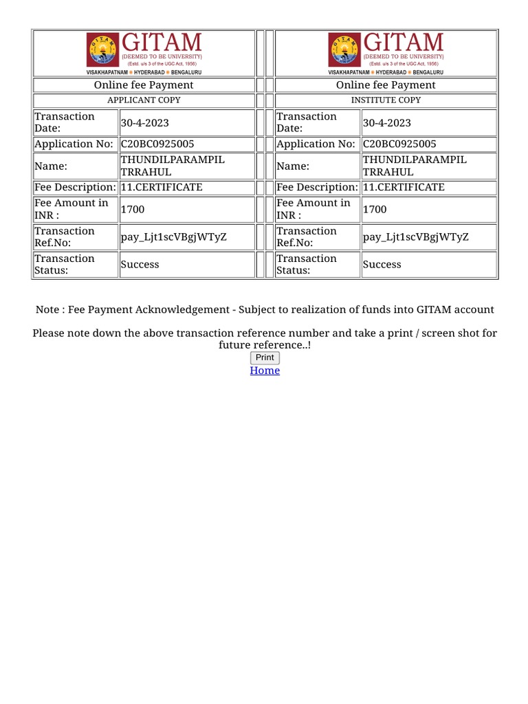 Https Onlinepay - Gitam.edu Rpaycdlexams Response | PDF