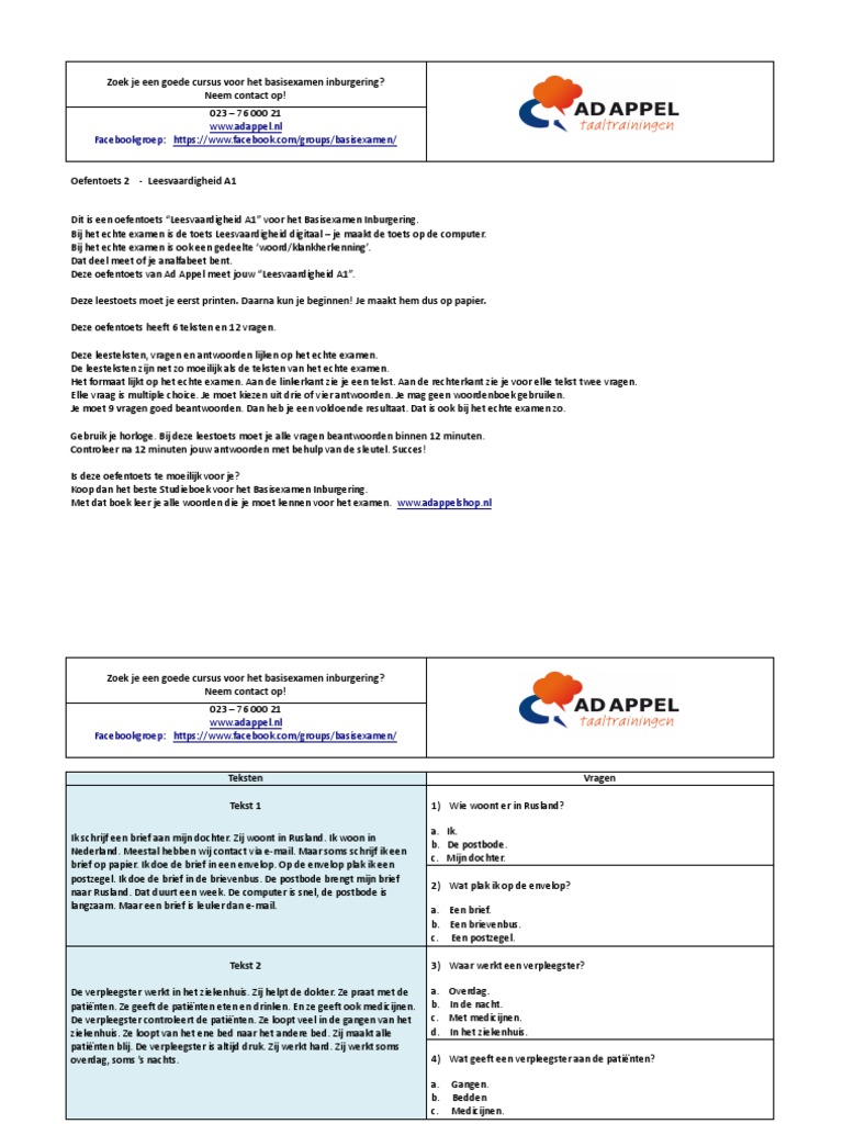 Oefentoets 2 Leesvaardigheid A1 Basisexamen Inburgering | PDF