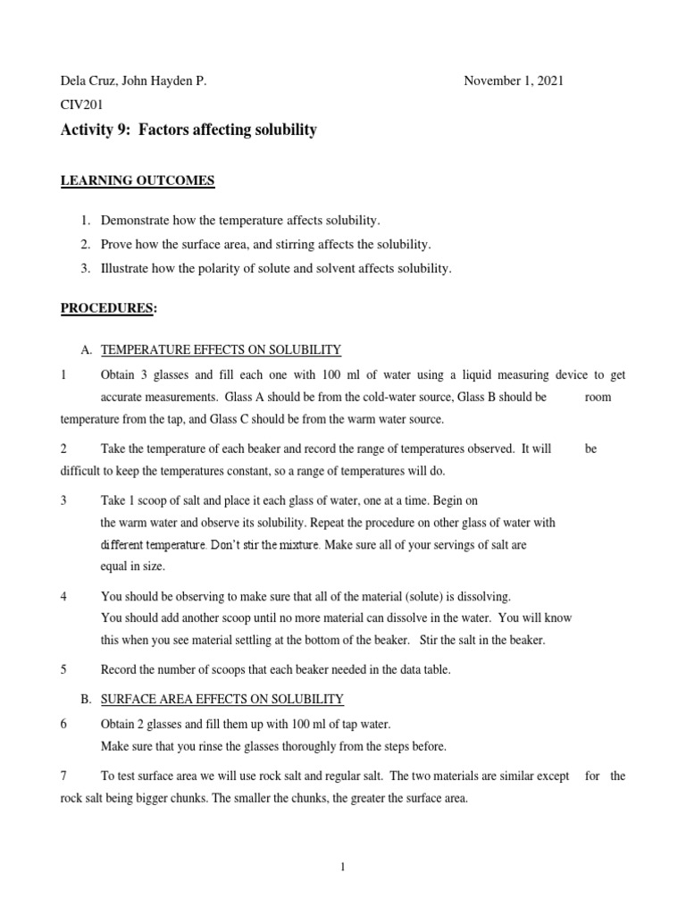 Activity 9 - Factors Affecting Solubility | PDF | Solubility | Solvation