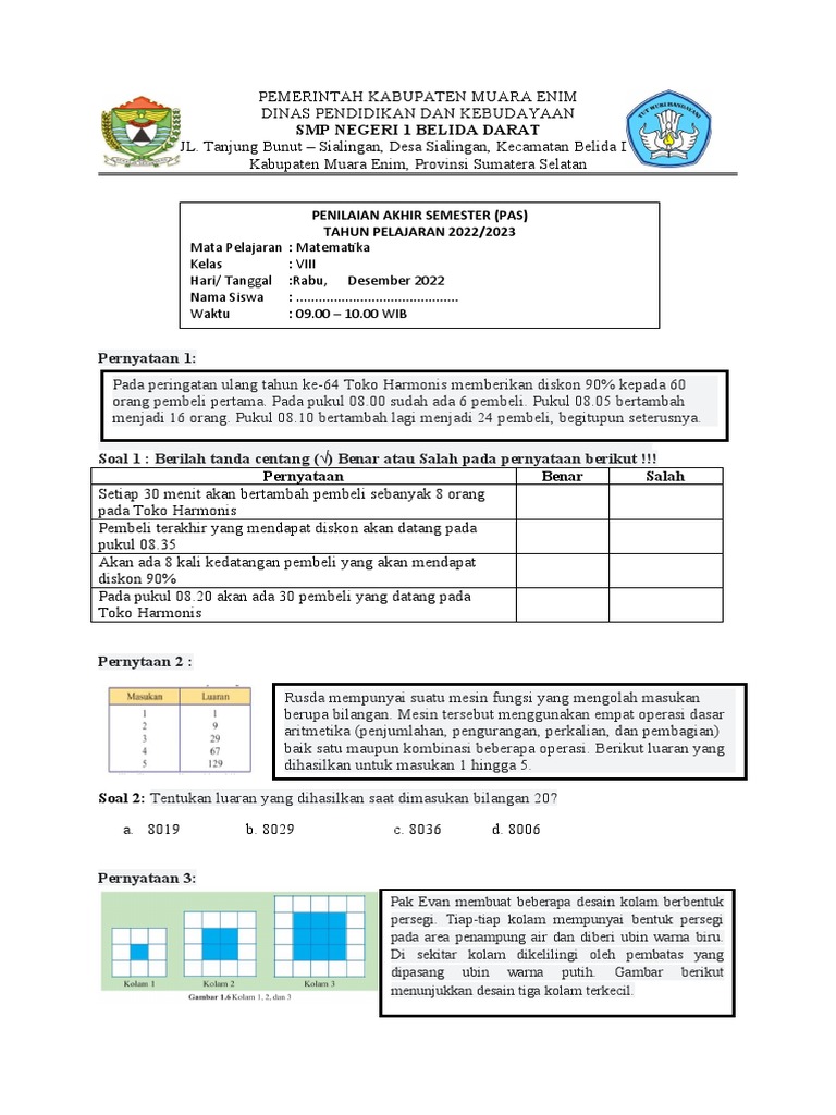 SOAL PTS AKM MTK Kelas 9 22-23 | PDF