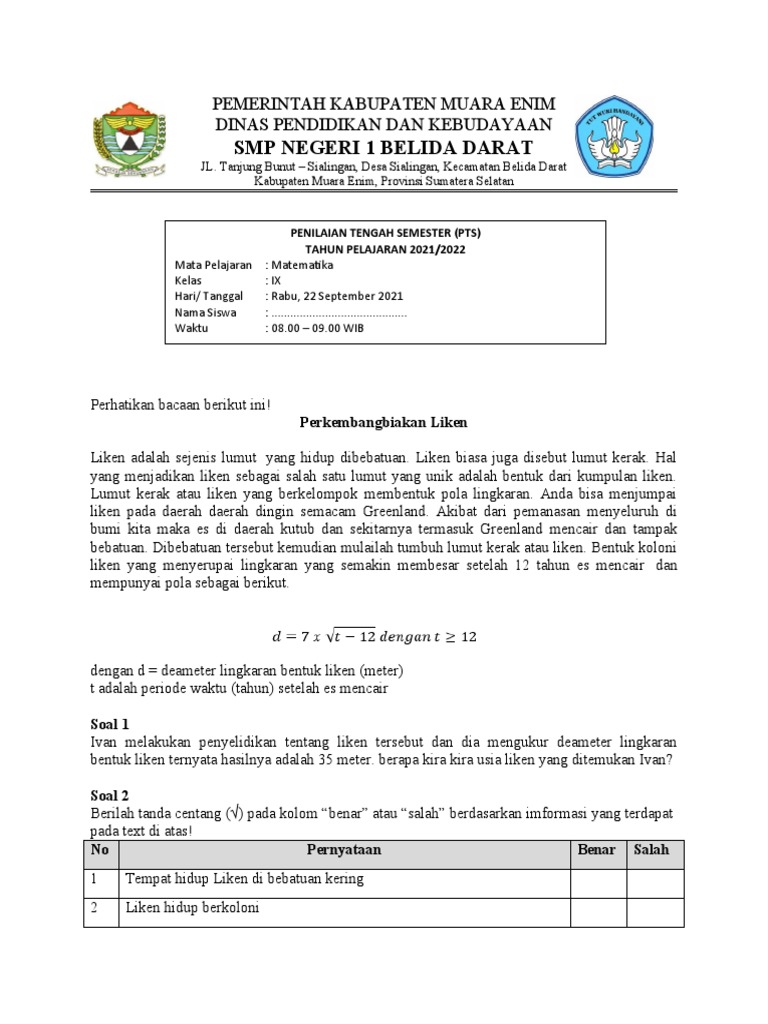 Soal PTS Akm MTK KLS 9 | PDF