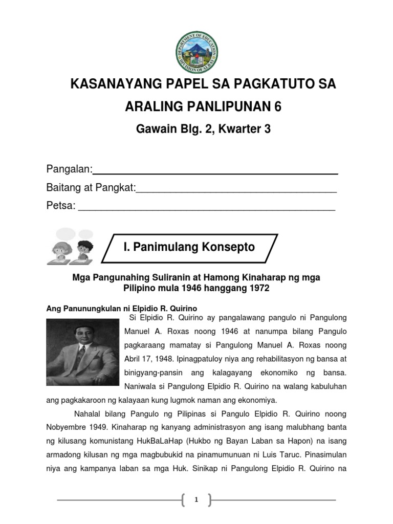 Kasanayang Papel Sa Pagkatuto Sa Araling Panlipunan 6: Gawain Blg. 2, Kwarter 3 | PDF